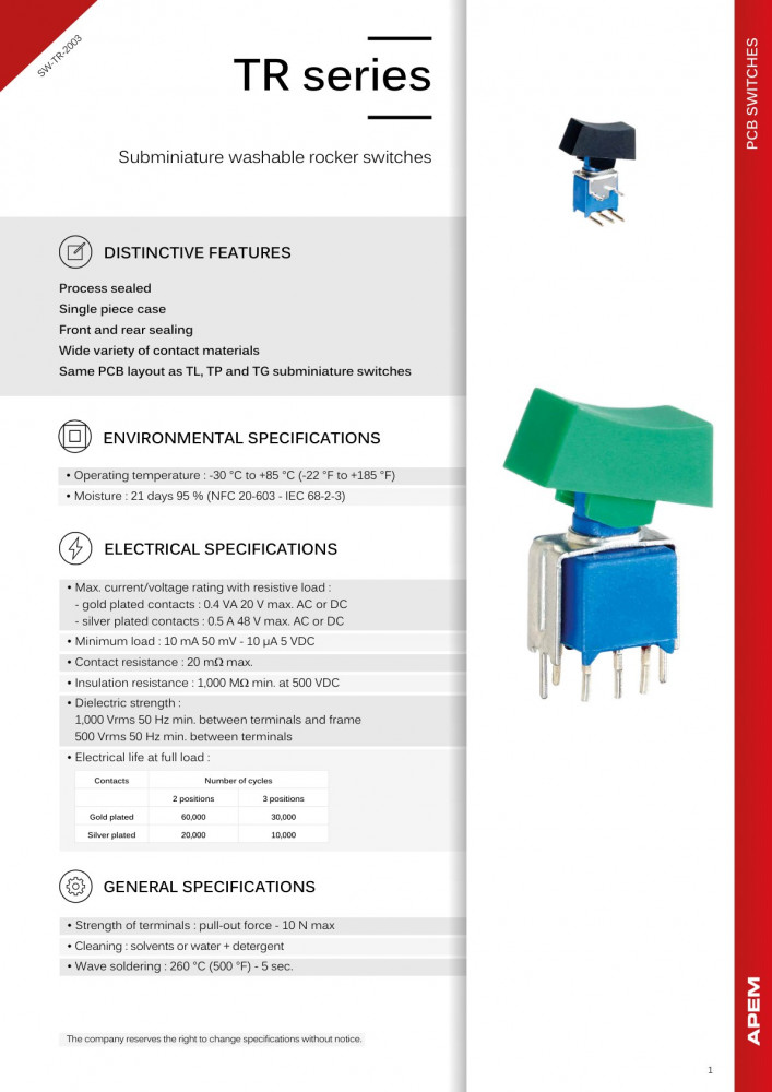 APEM TR series datasheet page 1