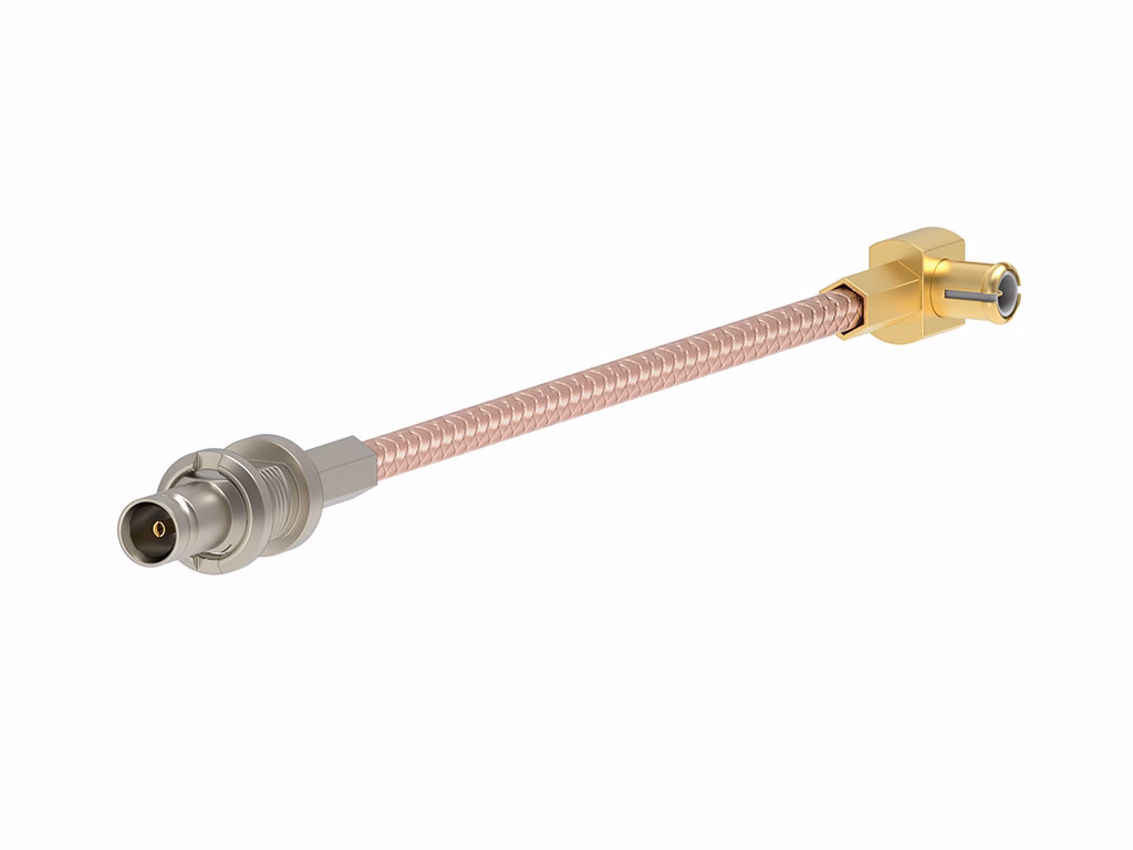 MMCX Right-Angle Plug to SMA Straight Bulkhead Jack Rear Mount on 1.37mm Cable, 82.00mm Length, 50 Ohms