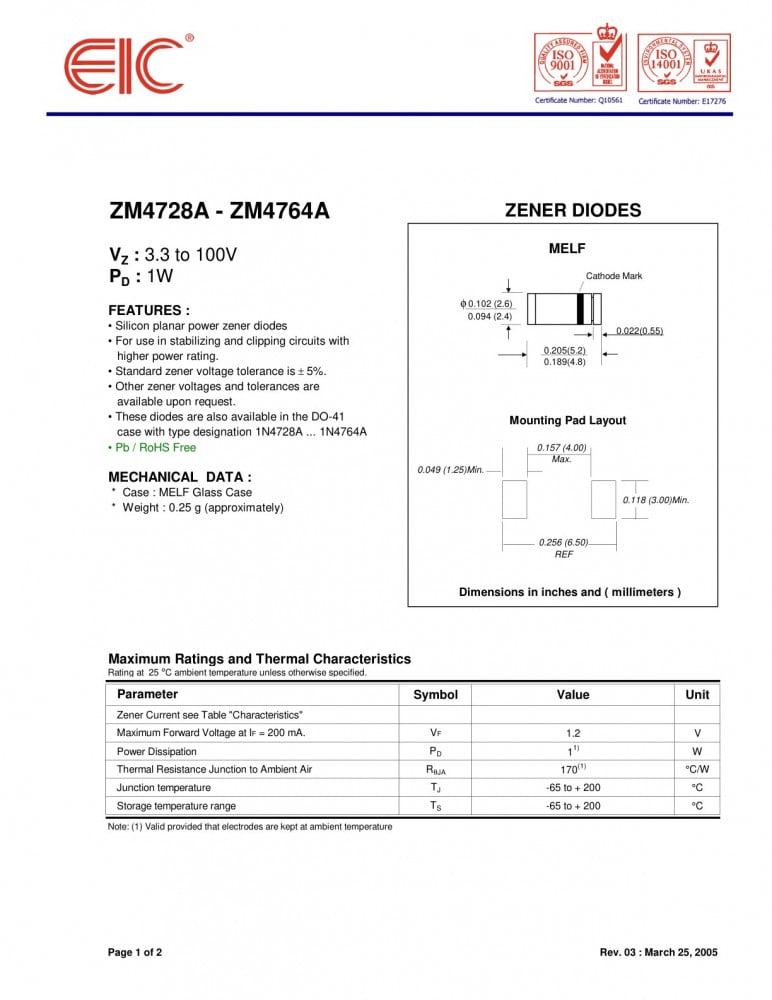 EIC ZM4747A datasheet page 1