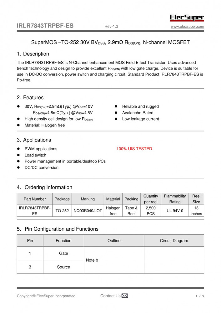 IRLR7843TRPBF-ES datasheet page 1