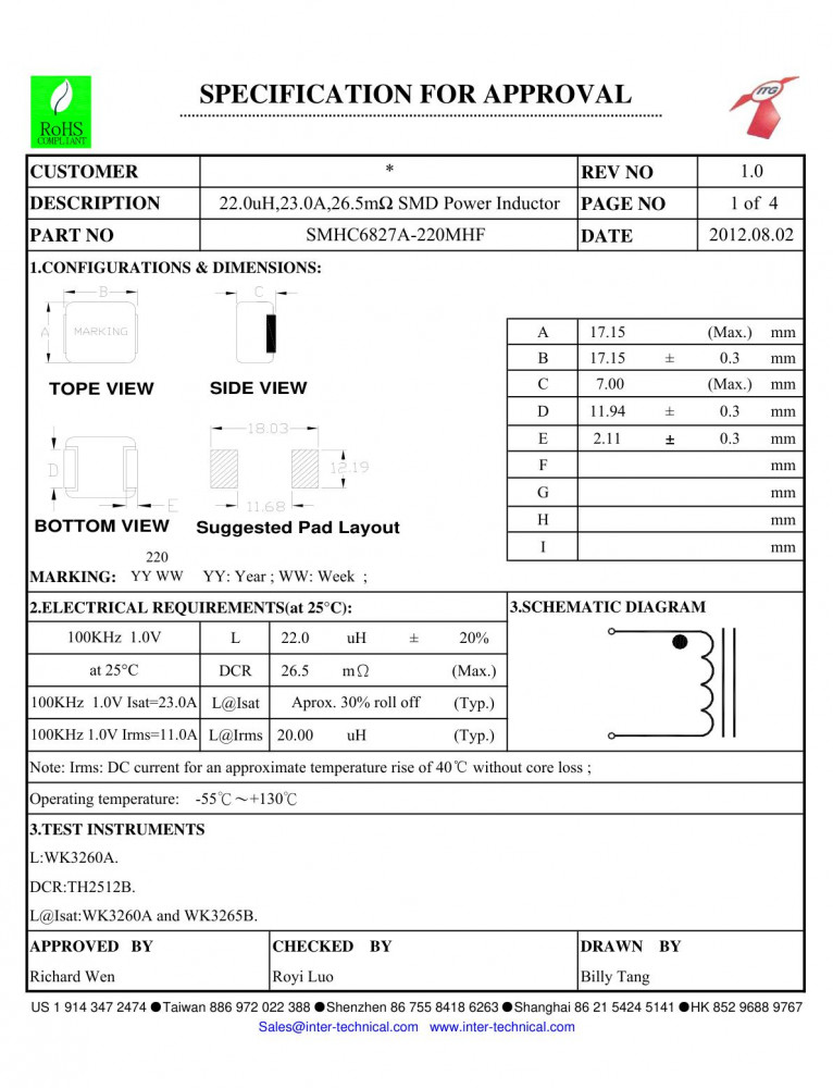 SMHC6827A-220MHF specification page 1