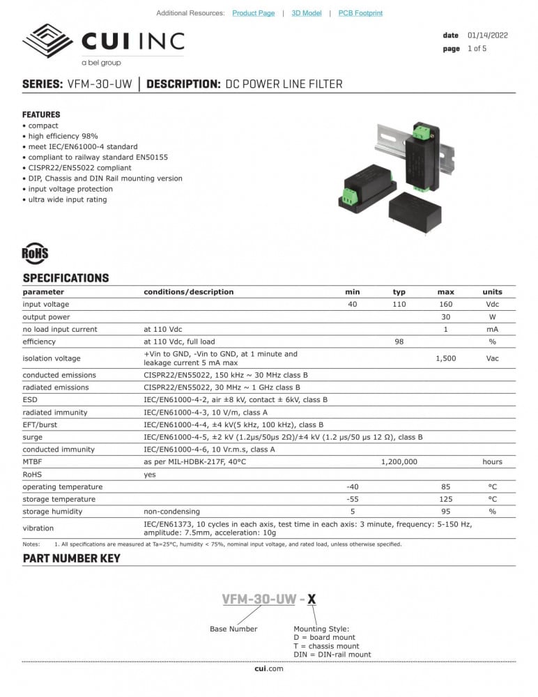 CUI VFM-30-UW-D datasheet page 1