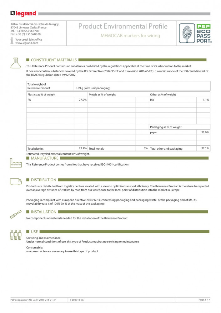 Legrand MEMOCAB Product Environmental Profile, page 2