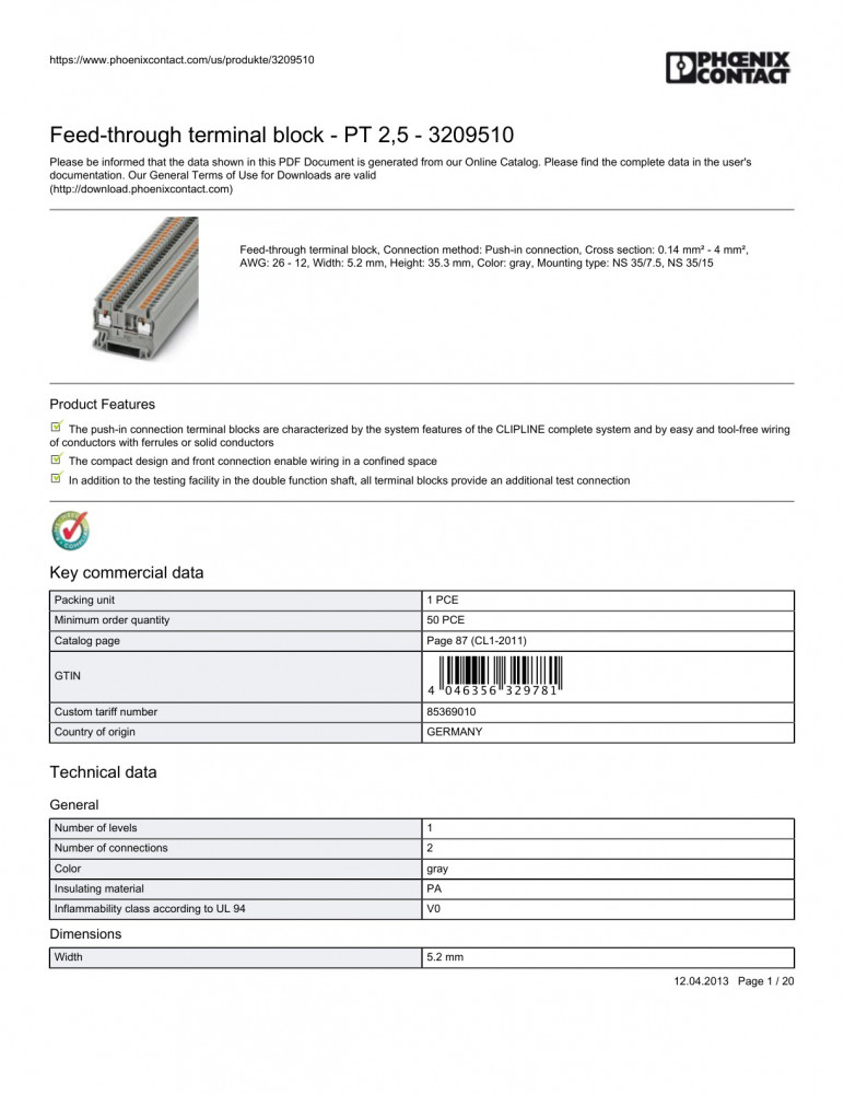 PT 2,5 3209510 technical document page 1