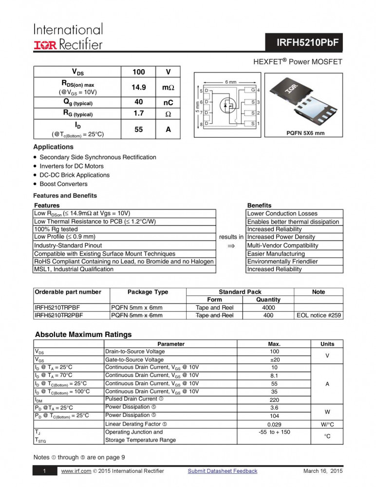 IRFH5210TRPBF datasheet page 1
