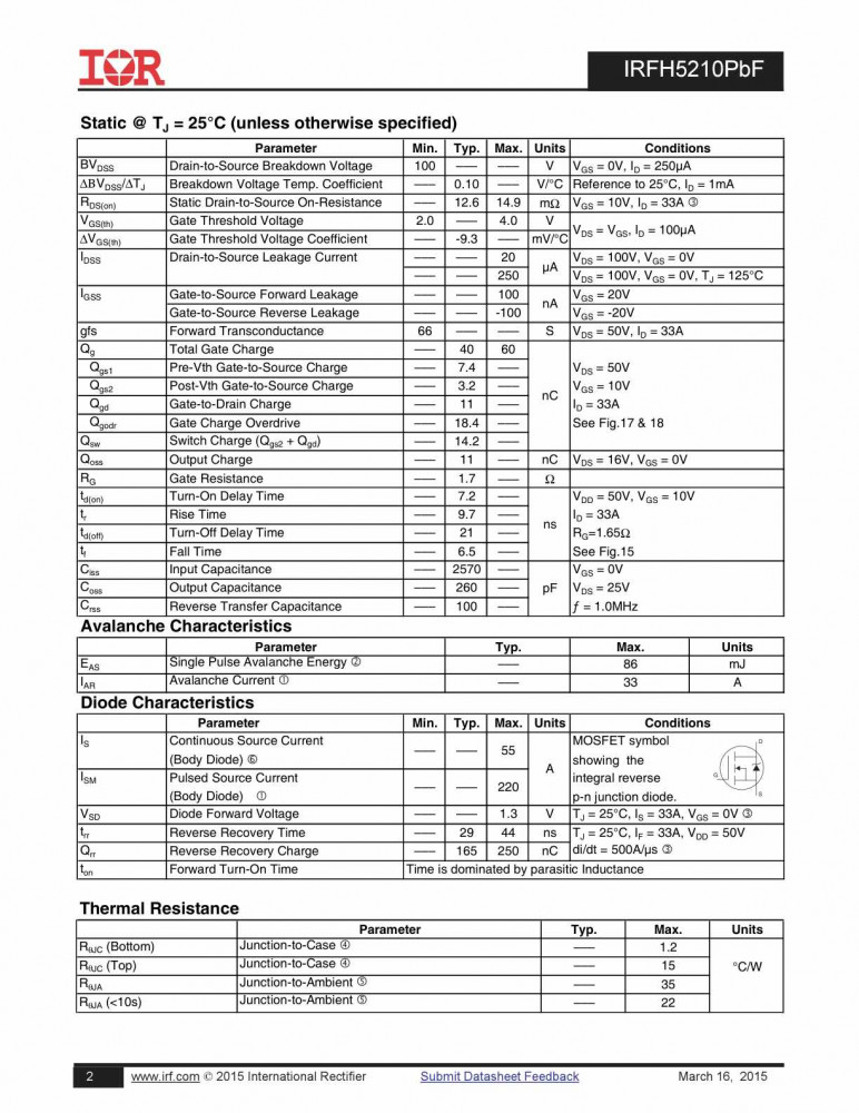 IRFH5210TRPBF datasheet page 2