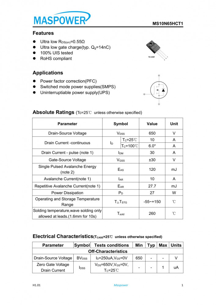 MS10N65HCT1 datasheet page 1