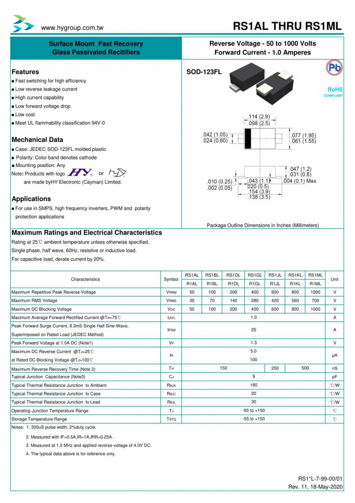 RS1BL datasheet page 1