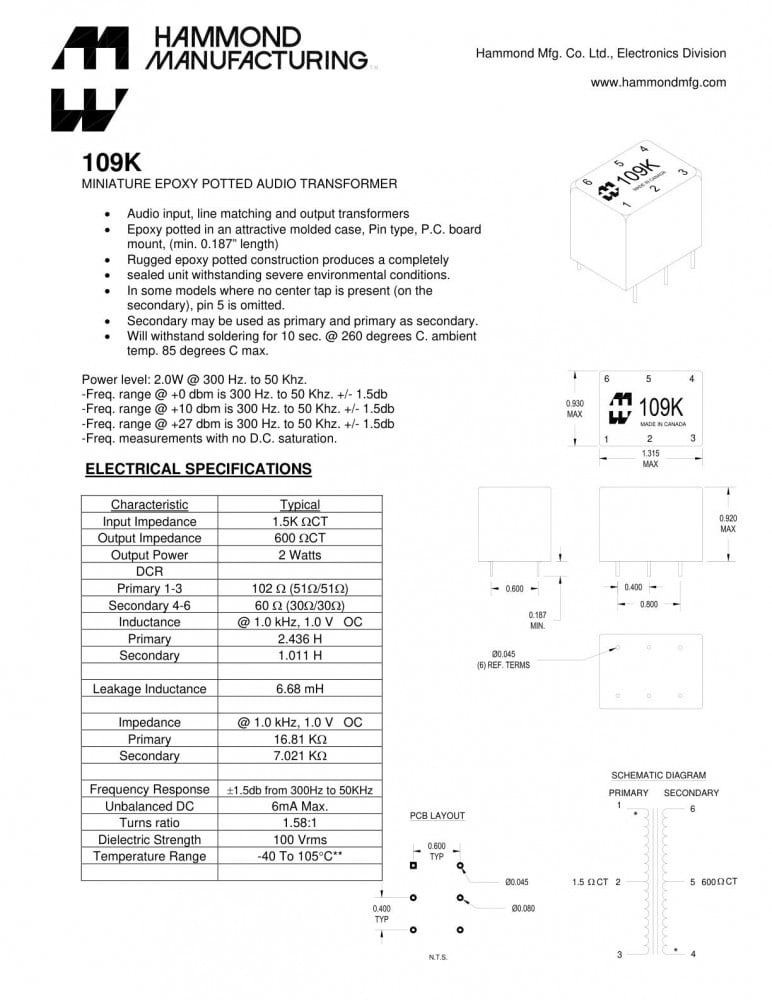 Hammond 109K technical document page 1