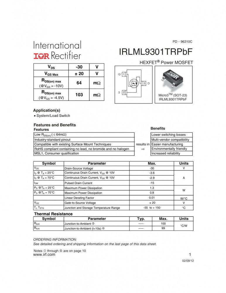 IRLML9301TRPBF datasheet page 1