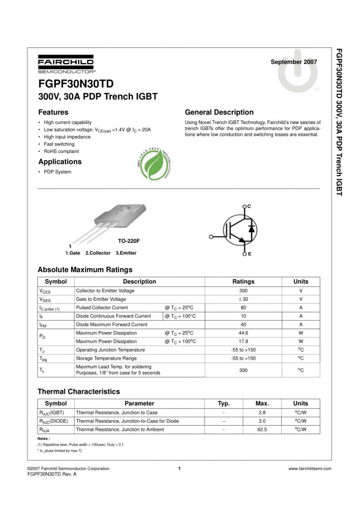 FGPF30N30TDTU datasheet page 1