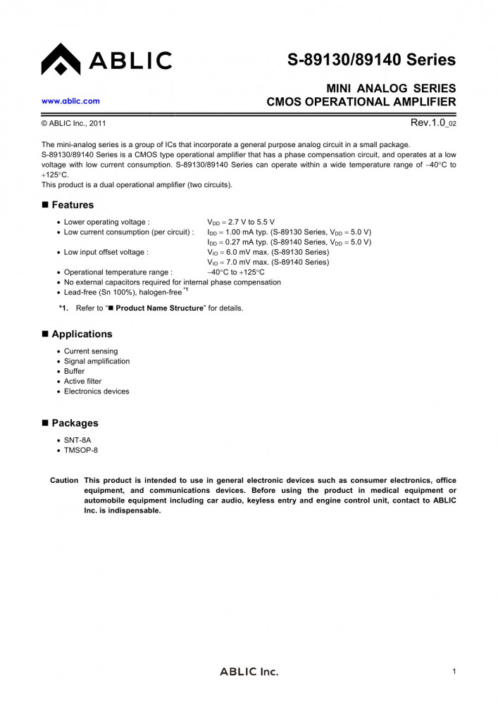 ABLIC S-89140 series datasheet page 1