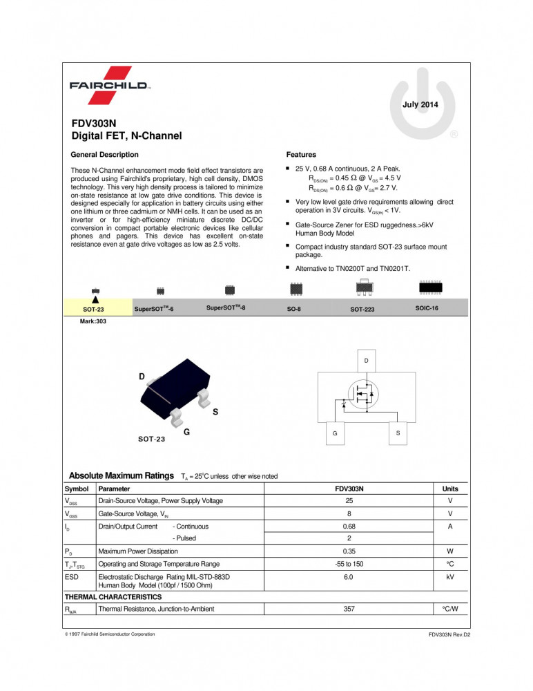 FDV303N datasheet page 1