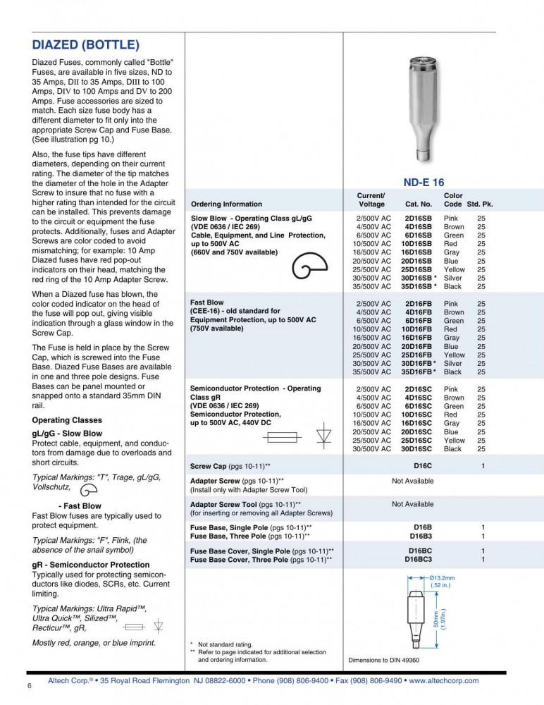 Altech Diazed fuse catalogue page showing DIII-E 33 and D33B ordering information