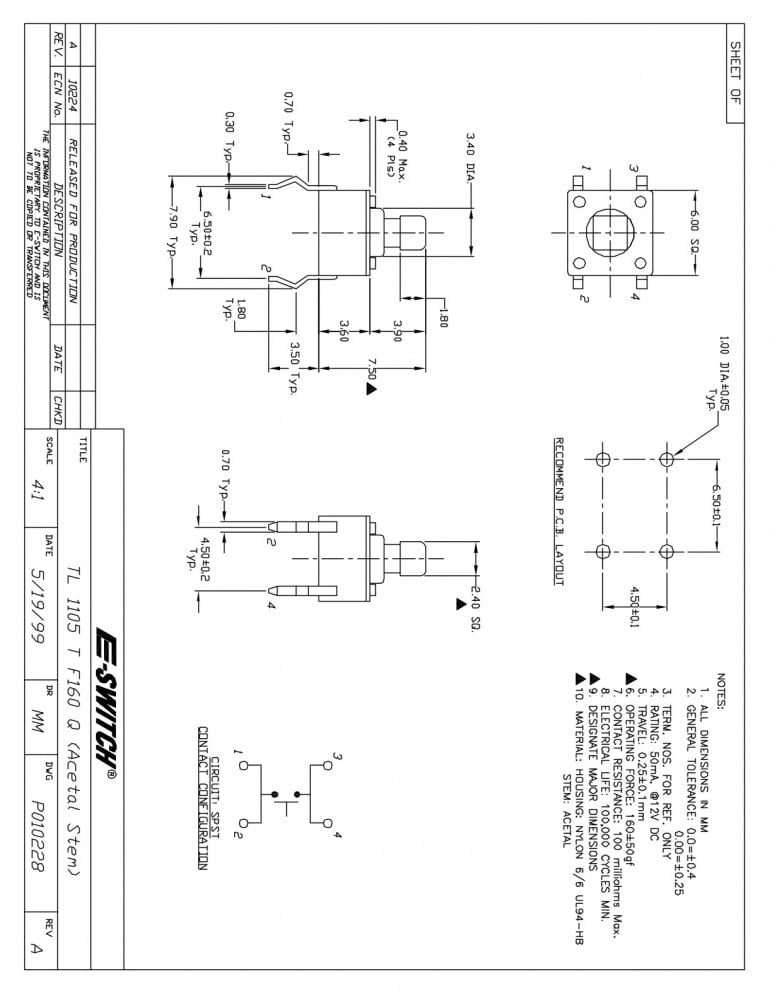 E-Switch TL1105TF160Q technical drawing