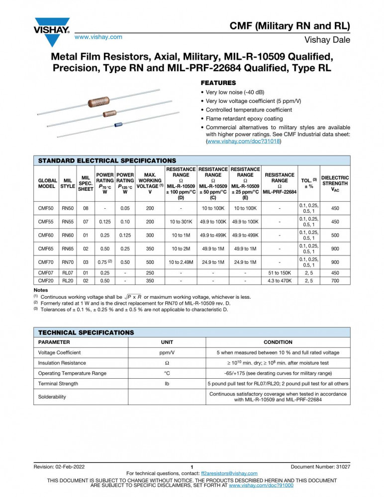 VISHAY RN and RL resistor datasheet page 1