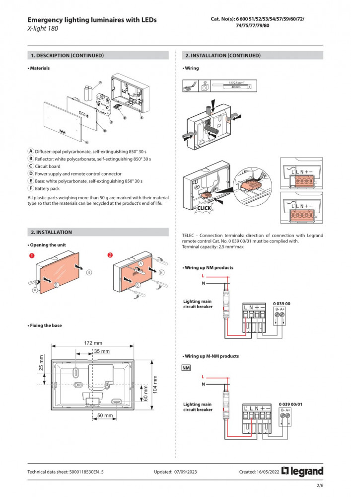 Legrand emergency luminaire technical document, page 2