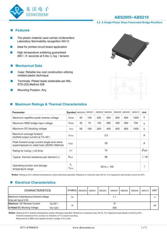 DOWO ABS210 datasheet mechanical and package reference