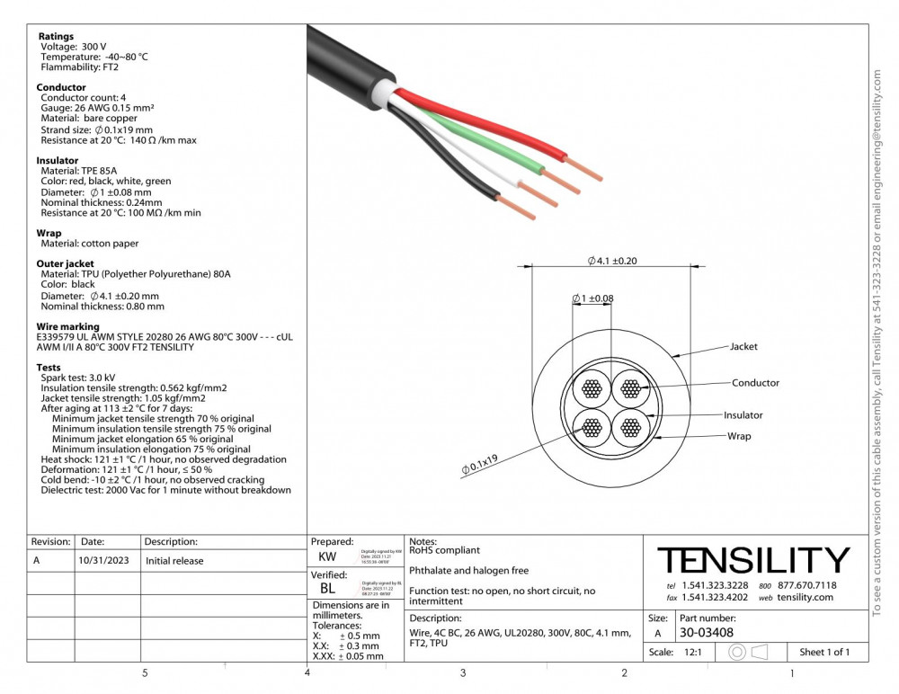 30-03408 cable technical drawing and specification sheet