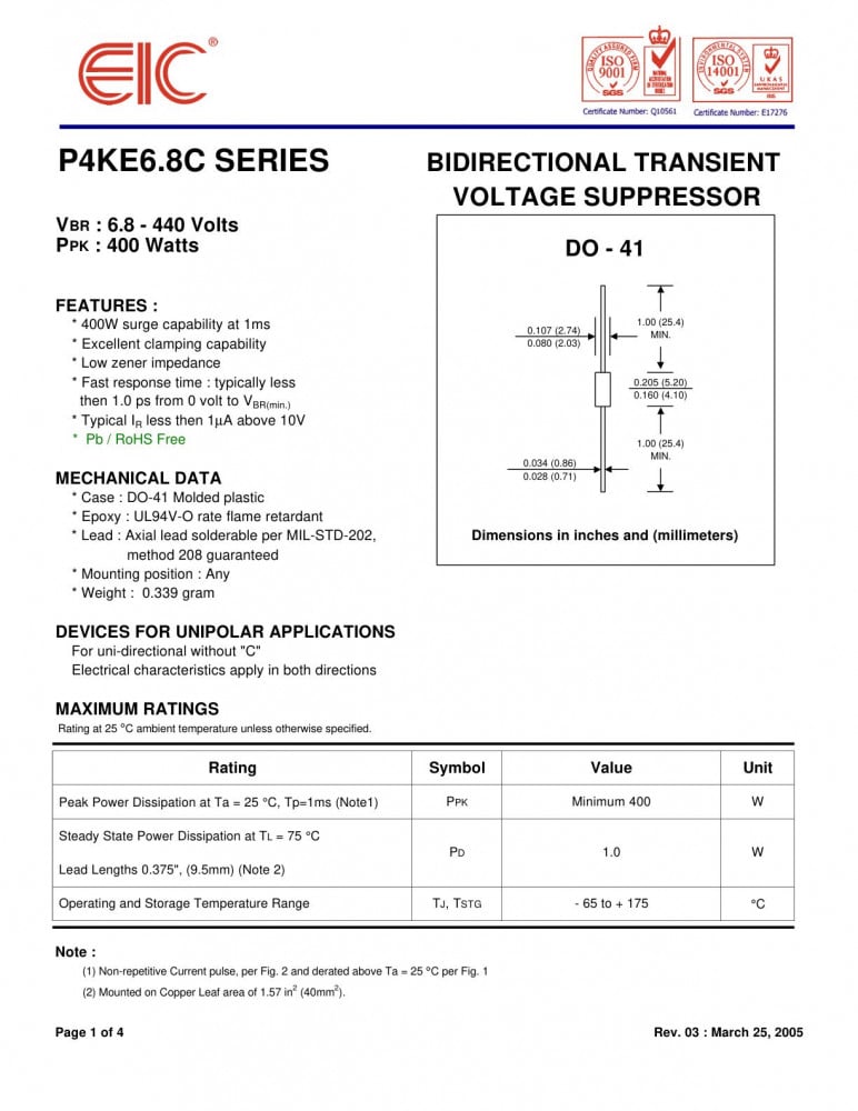 P4KE440CA datasheet page 1