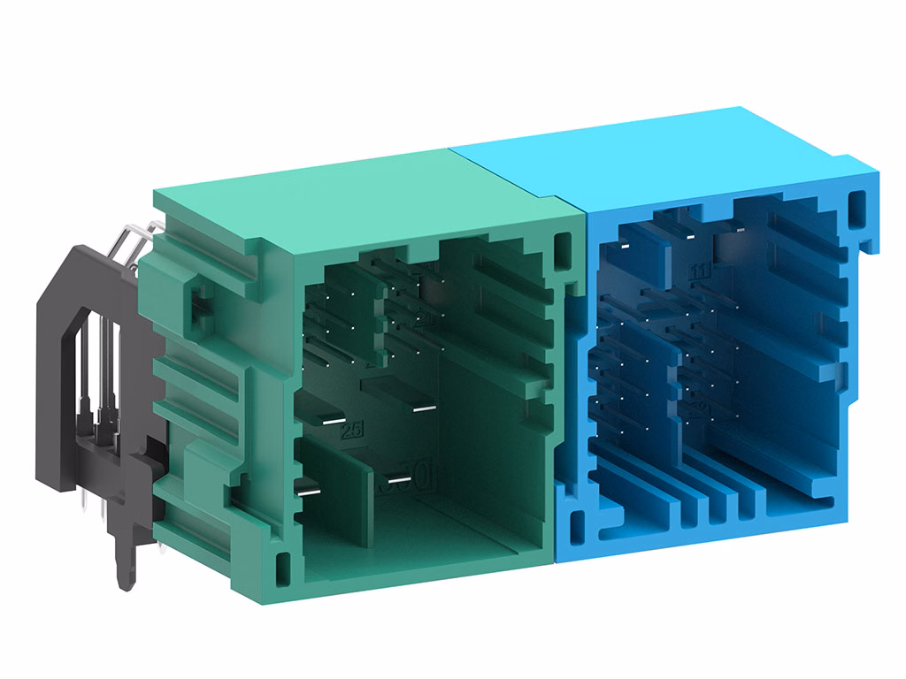 stAK50h 2 Bay Right-Angle Hybrid Header, 44 Circuits, Bay 1: 32 Circuits/Key 3/Dark Gray; Bay 2: 12 Circuits/Key 1/Black; Tube