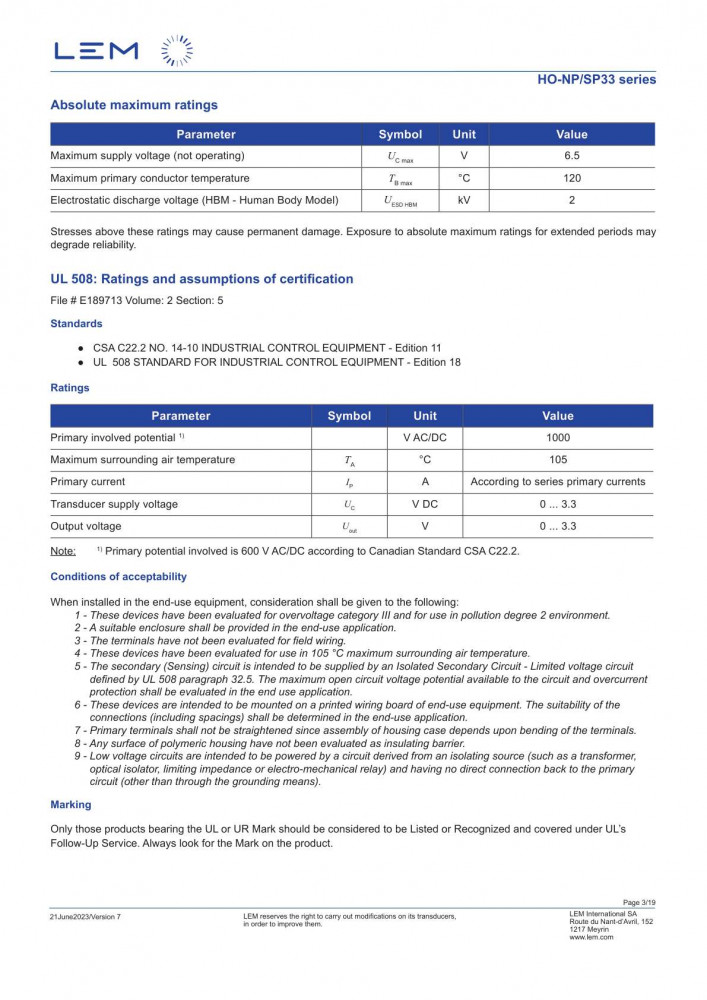 LEM HO-NP/SP33 datasheet page 3
