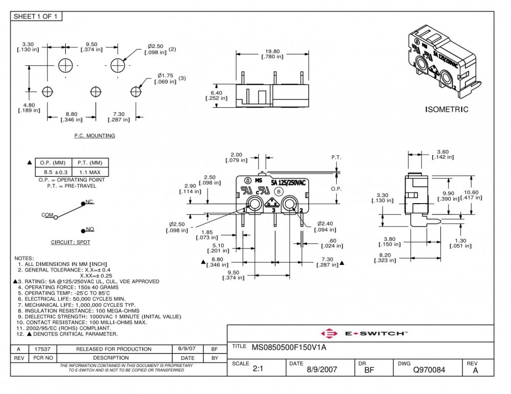 E-Switch MS0850500F150V1A technical drawing