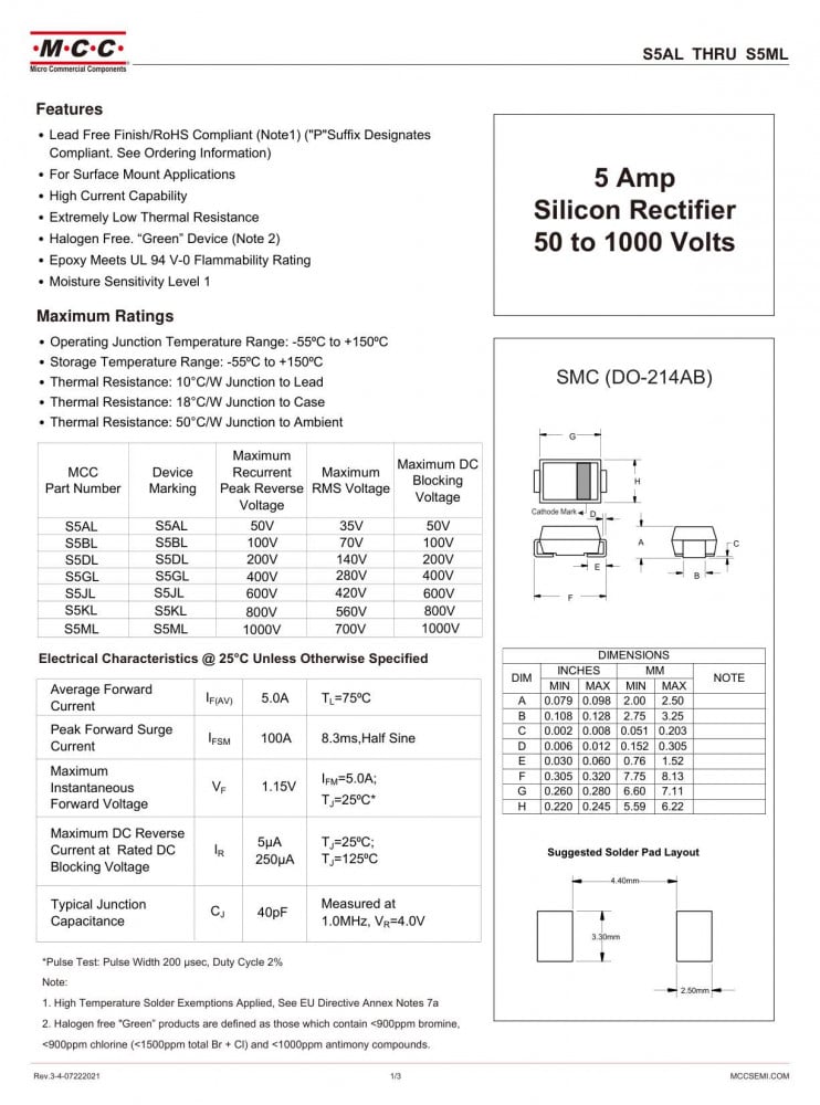 MCC S5ML-TP datasheet page 1