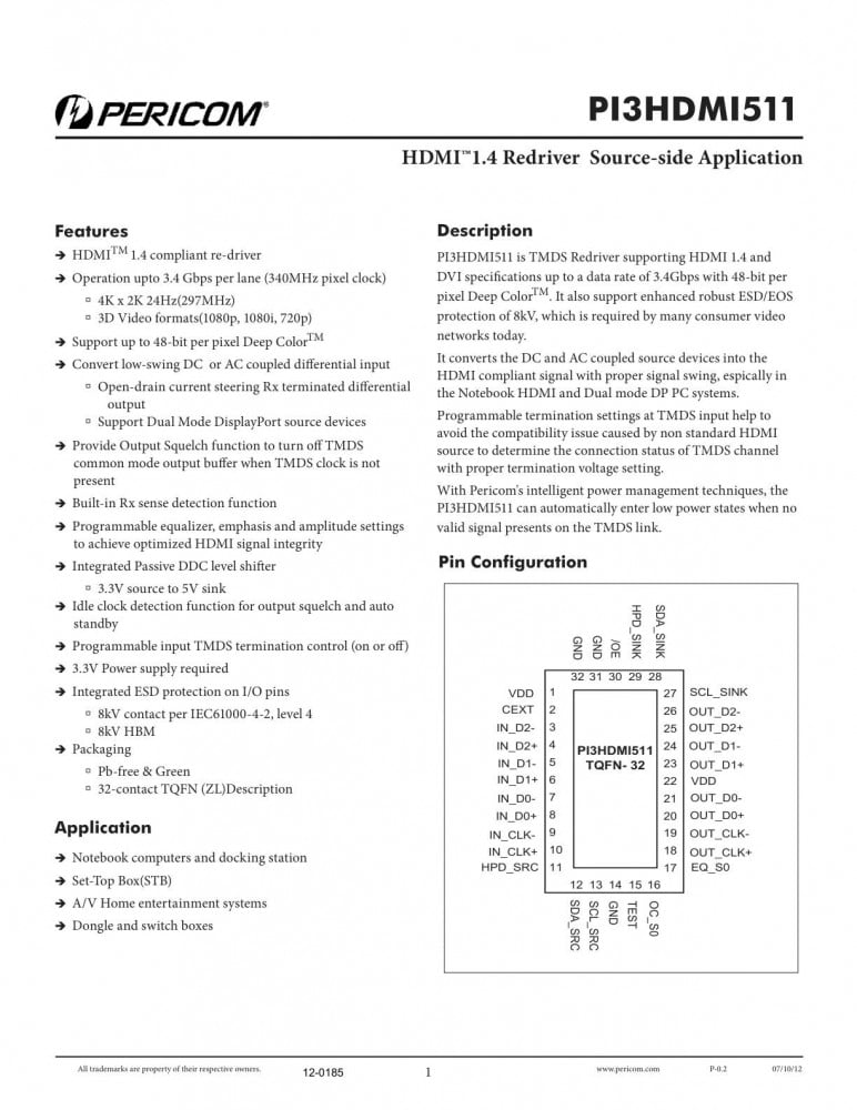 PI3HDMI511 datasheet page 1