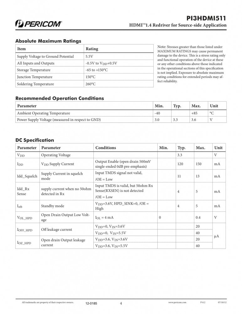 PI3HDMI511 datasheet page 4