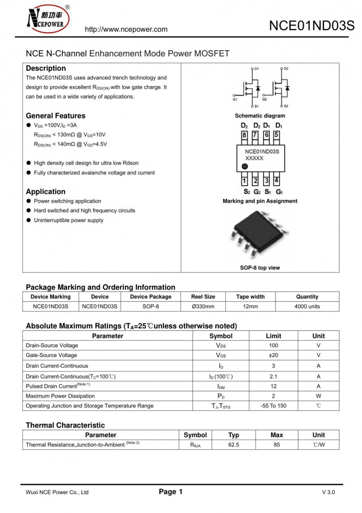 NCE01ND03S datasheet page 1