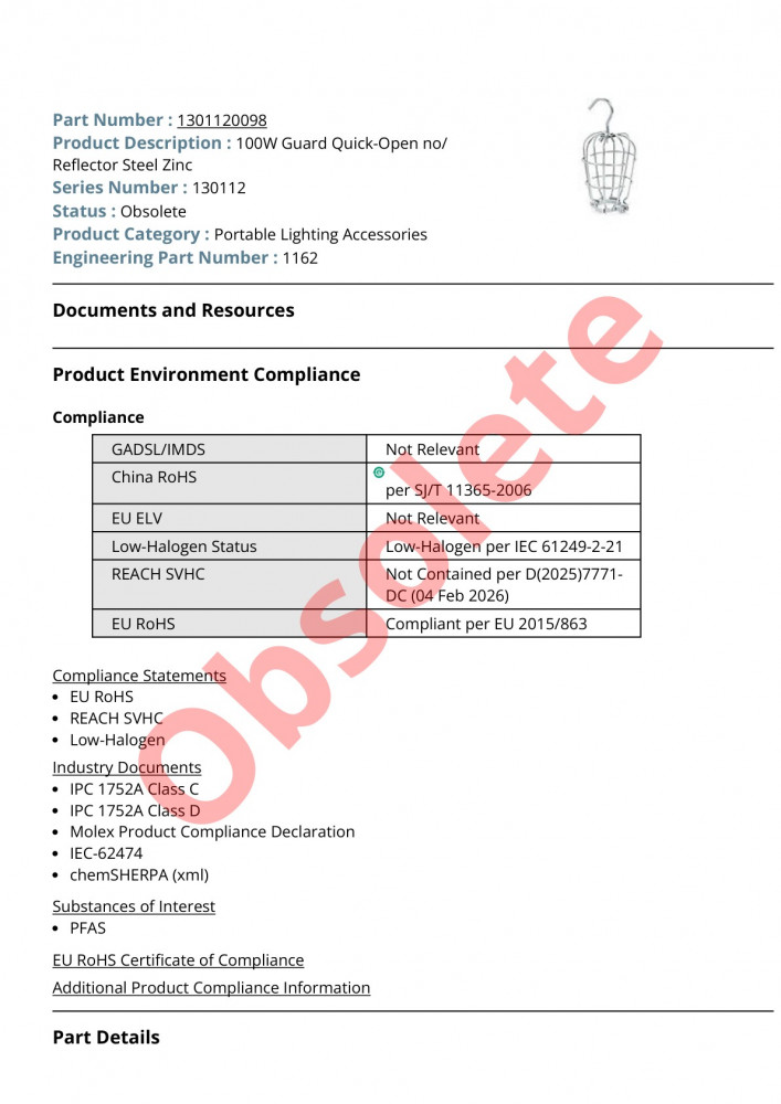 Product document image 1 for MOLEX 1301120098