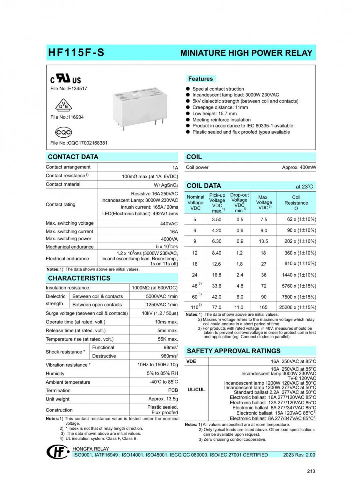 HONGFA HF115F-S relay datasheet page 1