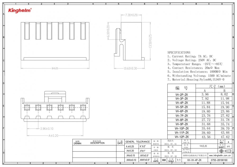 Kinghelm VH-series connector technical document page
