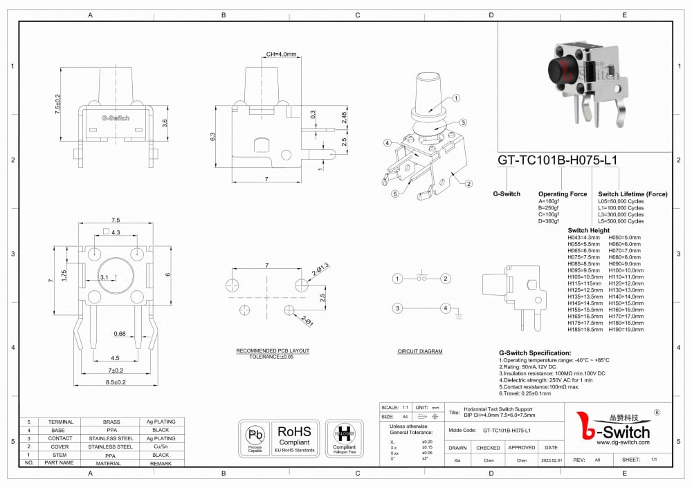 GT-TC101B-H075-L1 technical drawing and material information