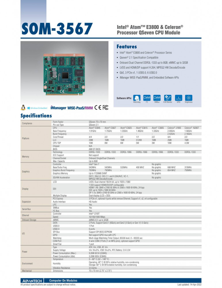 ADVANTECH SOM-3567 technical document page 1