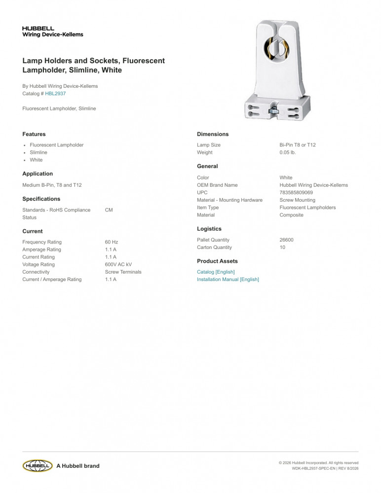 HBL2937 slimline fluorescent lampholder product image