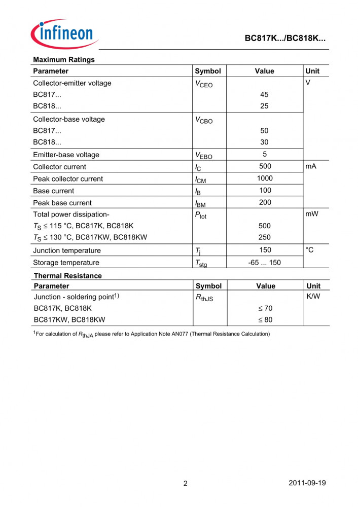 BC817K25E6327HTSA1 datasheet page 2