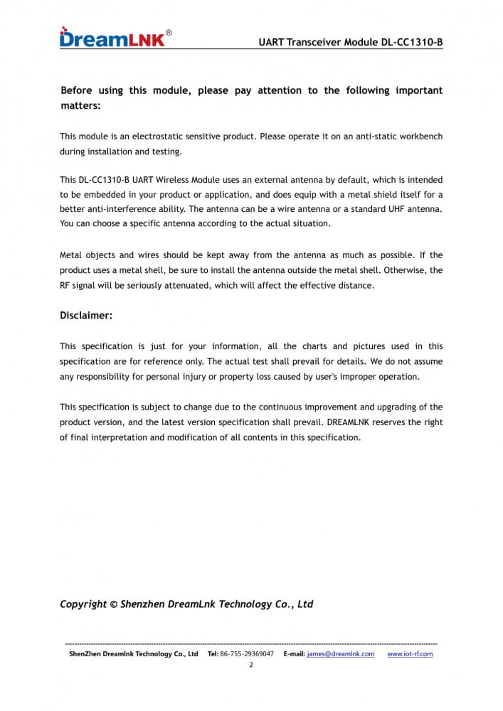 DL-CC1310-B-433 datasheet page 2