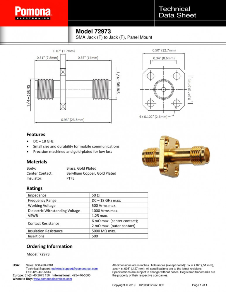 JRH Electronics model 72973 product documentation image