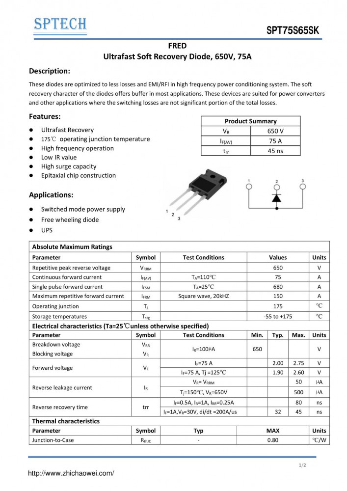 SPT75S65SK technical document page 1