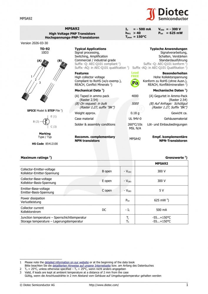 DIOTEC MPSA92 datasheet page 1