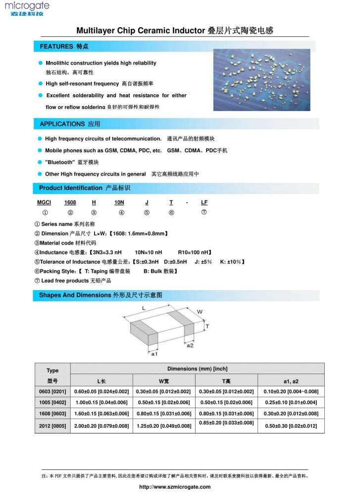 Microgate multilayer chip ceramic inductor datasheet page 1