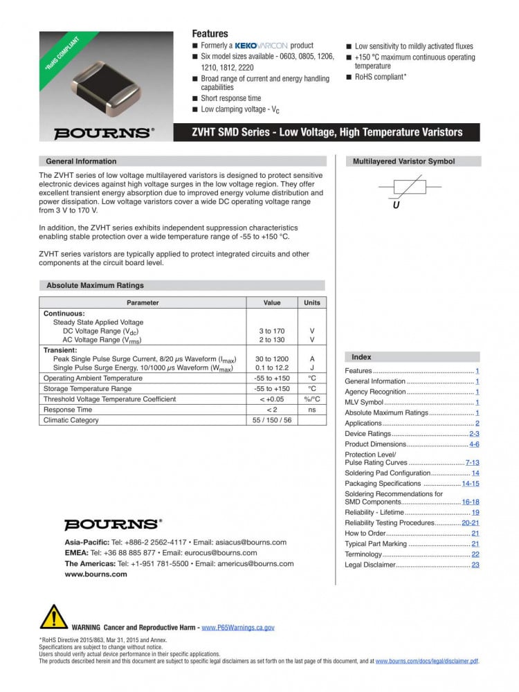 BOURNS ZVHT datasheet page 1