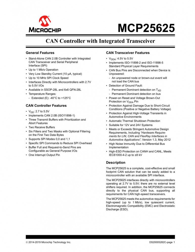 MCP25625 technical document page 1