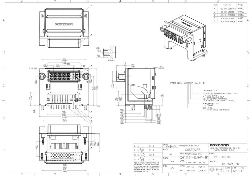 FOXCONN QH11121-DAHF-4F technical drawing page 1