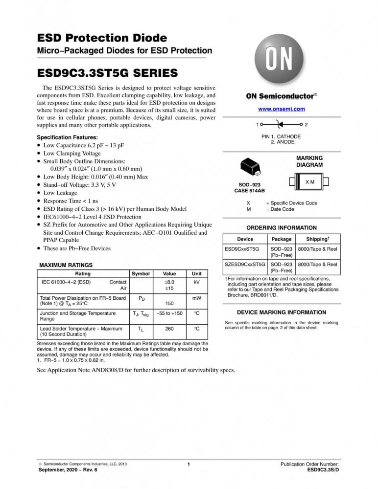 ESD9C3.3ST5G datasheet page 1