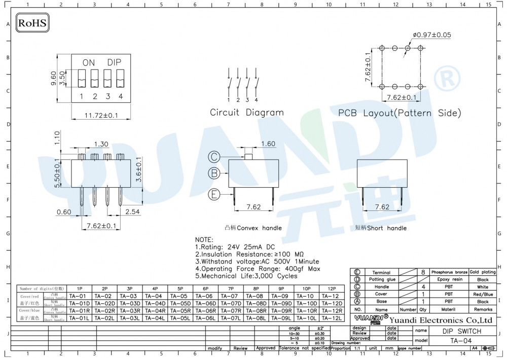 YUANDI TA-04 DIP switch technical drawing