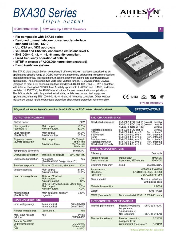 Artesyn BXA30-24T05-15-F datasheet page 1