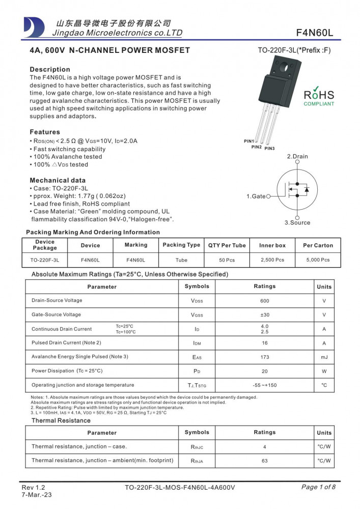 F4N60L datasheet page 1